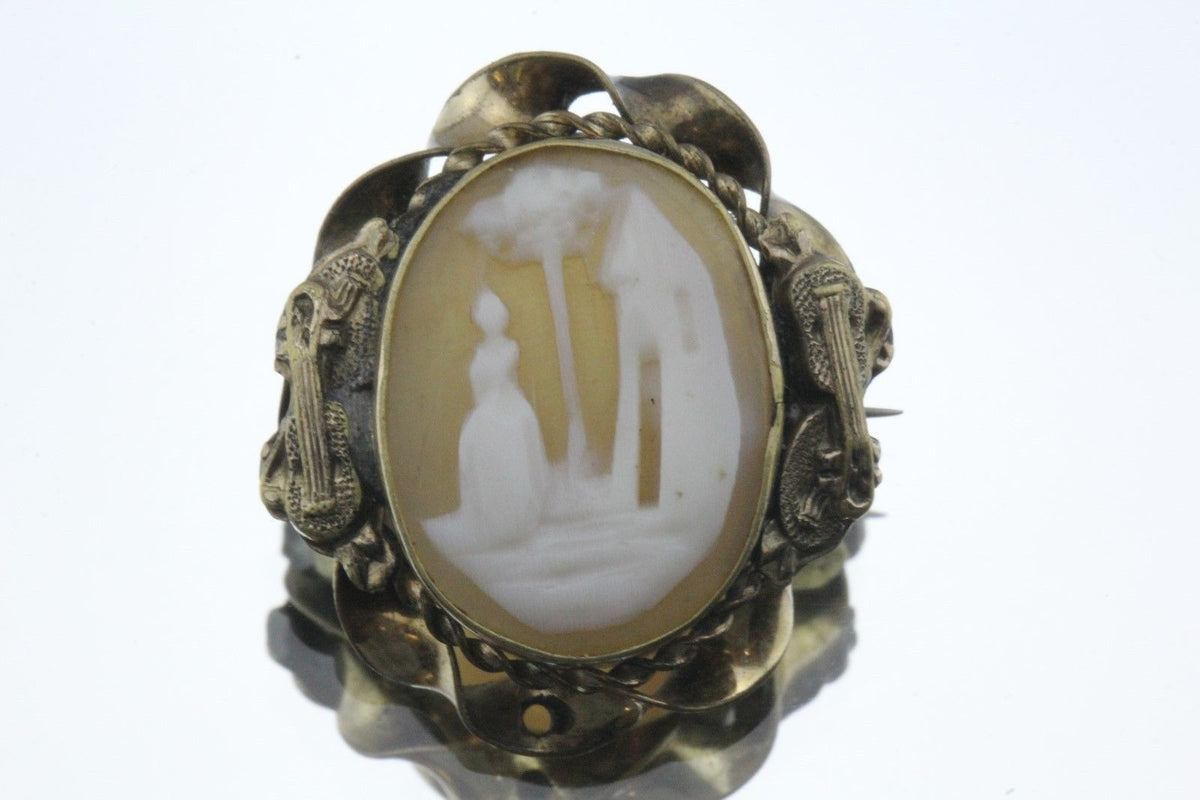 Antique Victorian Carved Scenic Shell Cameo Brooch Guitar Mandolin Bor ...