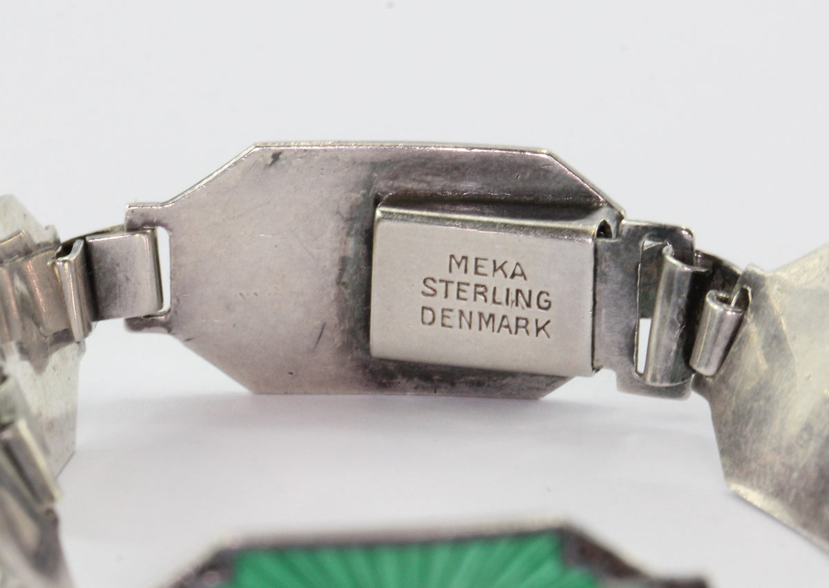 Sterling Silver Green Enamel Meka Denmark Art Deco Bracelet | QUEEN MAY