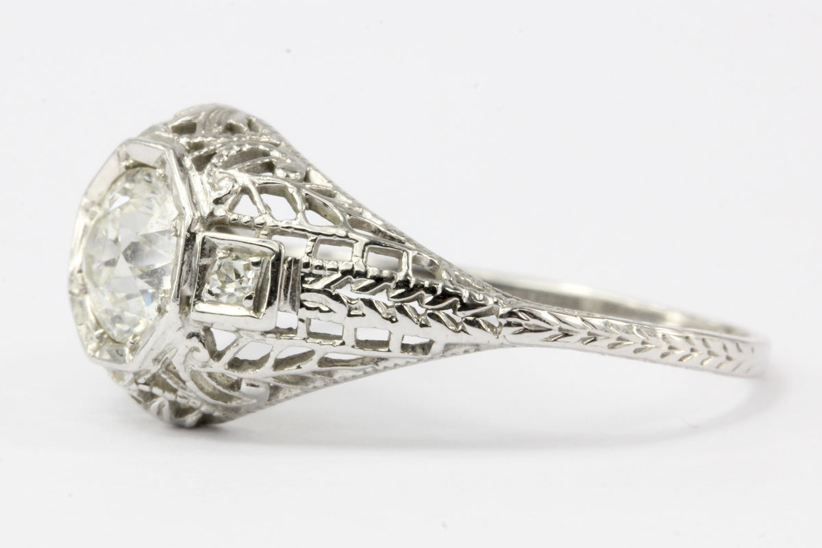 Art Deco 18K White Gold .80 CT Old European Cut Diamond Engagement Rin ...