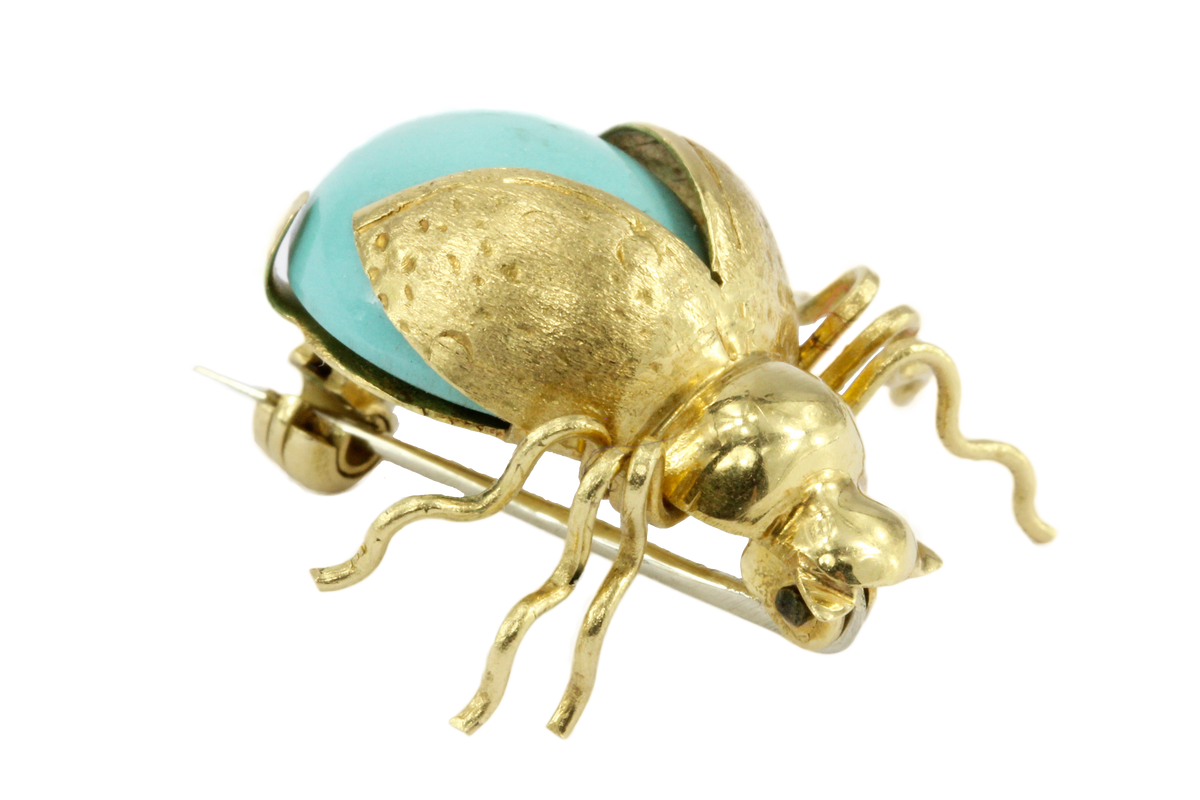 Vintage 18K Yellow Gold Turquoise Glass Beetle Pin | QUEEN MAY