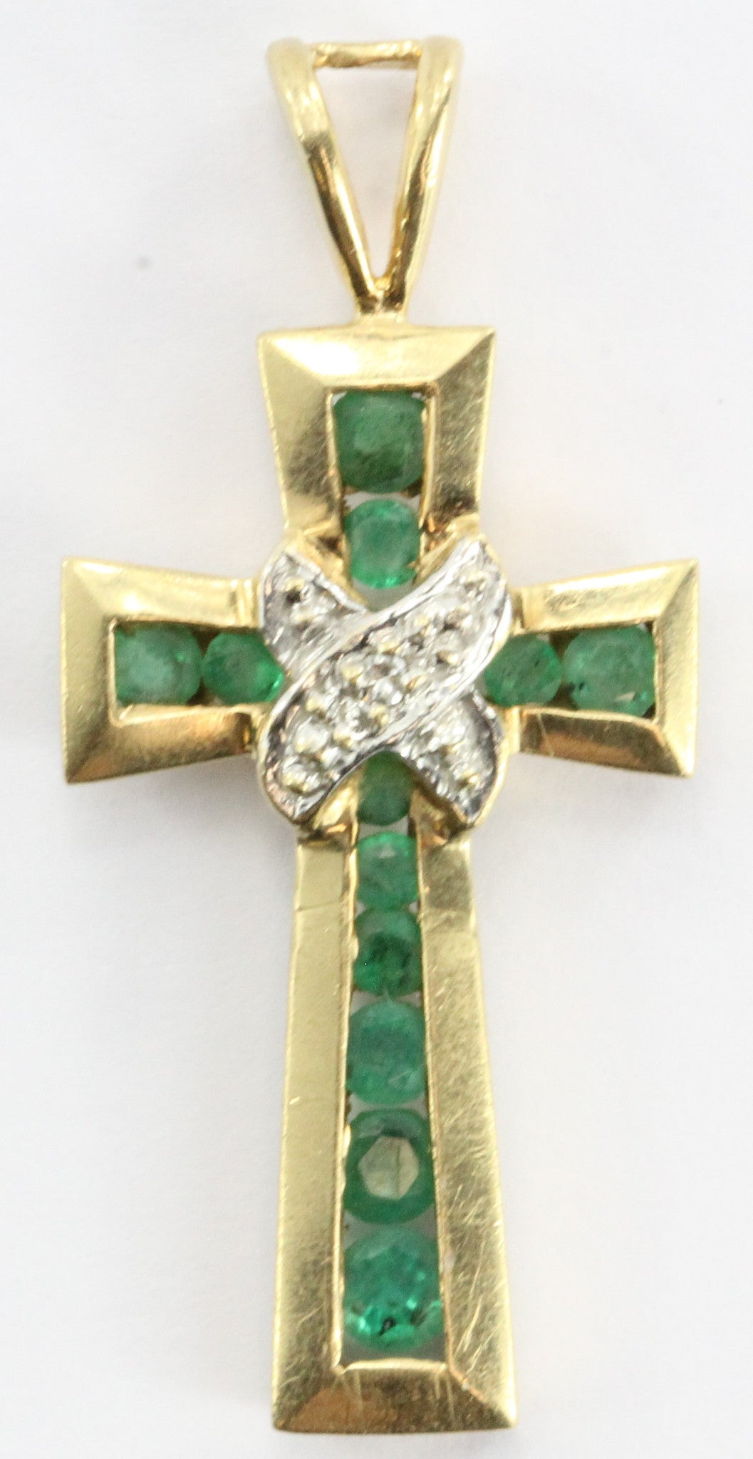 Vintage 14K Gold Colombian Emerald & Diamond Cross Pendant | QUEEN MAY