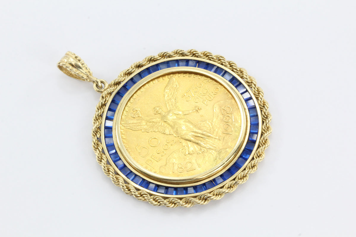 Large 1923 Gold Angel Coin Pendant set in 14K Gold & Sapphire Bezel ...